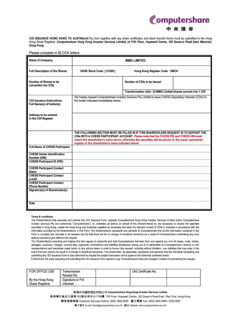 Fillable Online CDI ISSUANCE HONG KONG TO AUSTRALIAThis form together ...