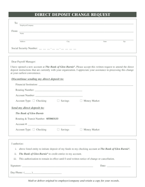 Fillable Online DIRECT DEPOSIT CHANGE REQUEST - thebankofglenburniecom ...