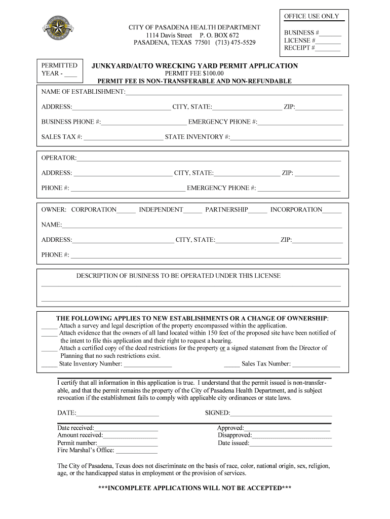 Fillable Online ci pasadena tx PERMIT FEE IS NON-TRANSFERABLE AND NON ...