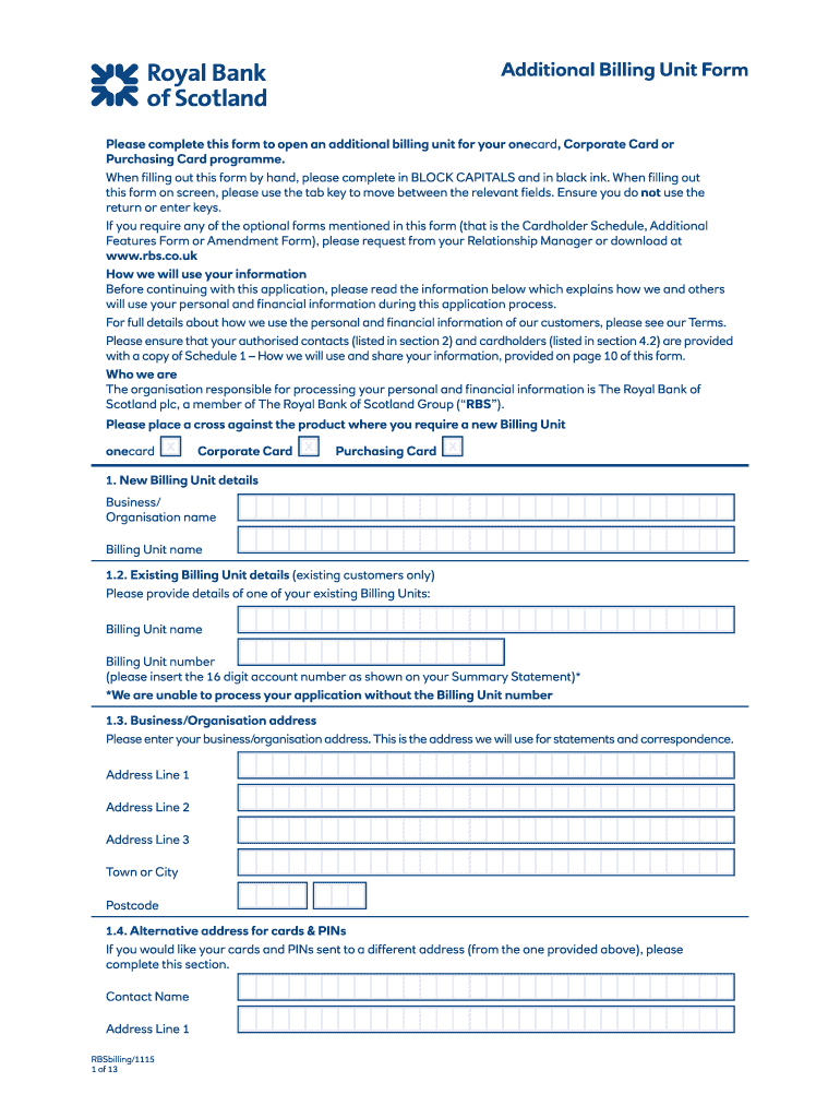 Fillable Online rbs co Additional Billing Unit Form - rbscouk Fax Email ...