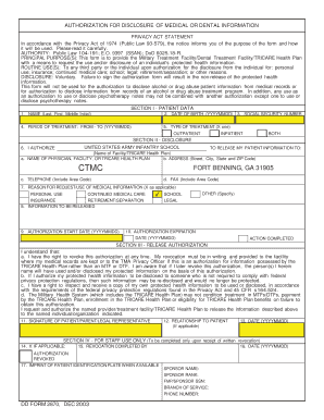 Fillable Online benning army DD Form 2870 Authorization for Disclosure ...
