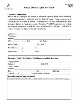 Fillable Online txdmv MOTOR CARRIER COMPLAINT FORM Consumer Information ...