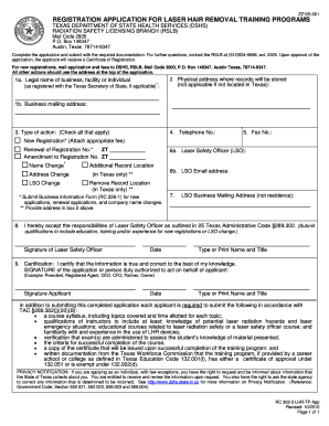 Fillable Online dshs state tx REGISTRATION APPLICATION FOR LASER HAIR REMOVAL TRAINING PROGRAMS ...