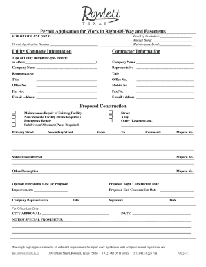 Fillable Online ci rowlett tx Permit Application for Work in RightOfWay ...