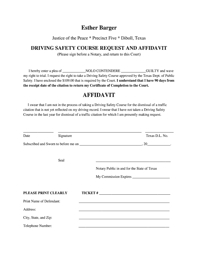 Fillable Online angelinacounty DRIVING SAFETY COURSE REQUEST AND ...