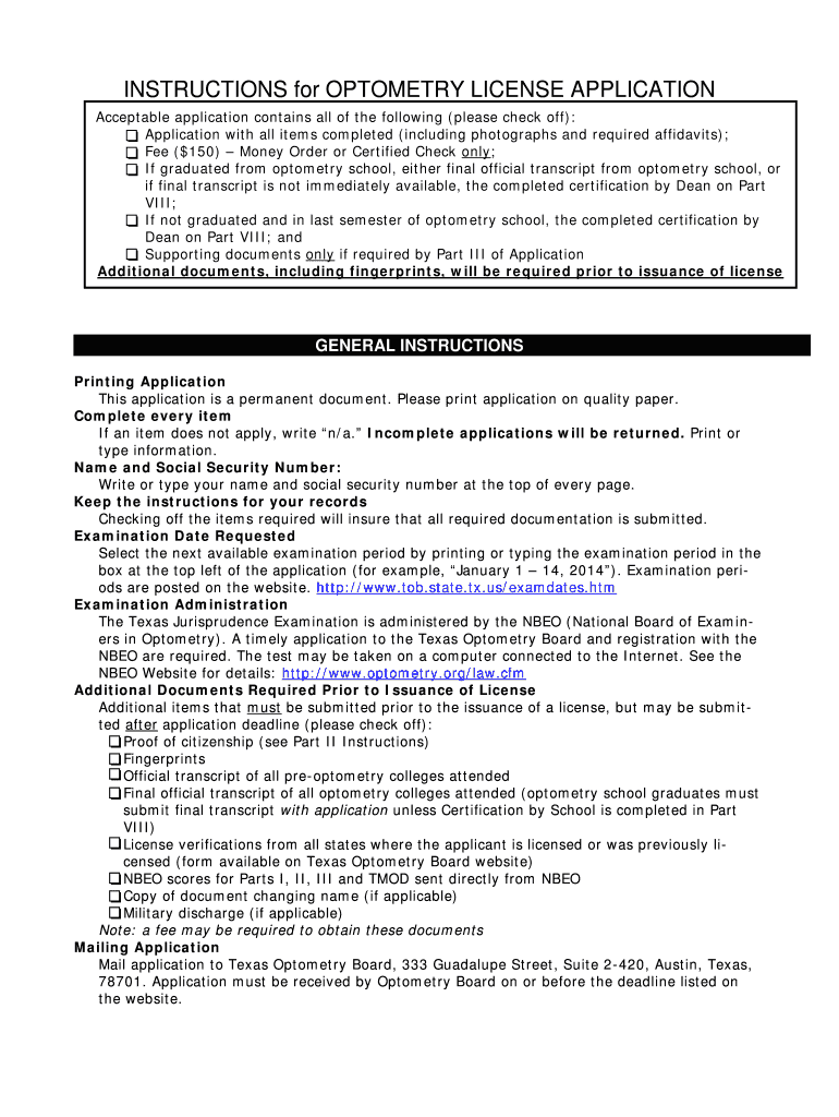 Fillable Online INSTRUCTIONS for OPTOMETRY LICENSE APPLICATION Fax ...