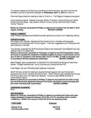 Fillable Online Regular meeting MOTION CARRIED PRESENTATIONS Fax Email ...