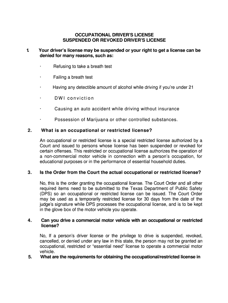 Fillable Online banderacounty OCCUPATIONAL DRIVERS LICENSE - Bandera ...