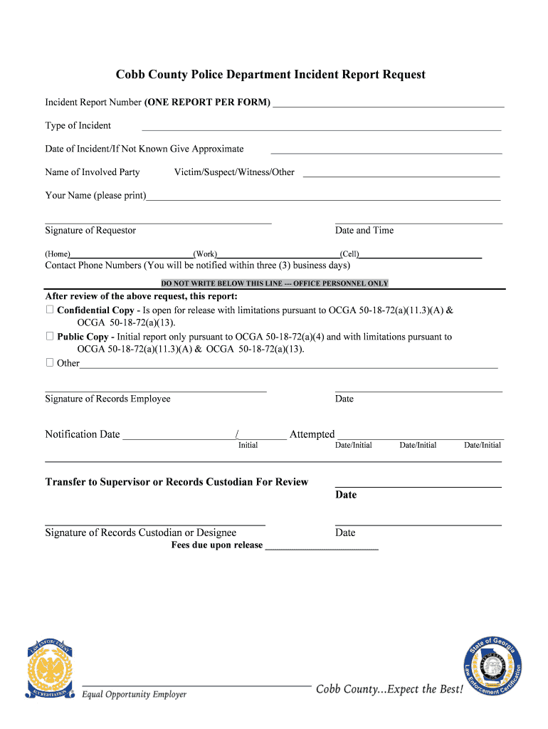 Cobb County Police Department Incident Report Request: Fill out & sign ...