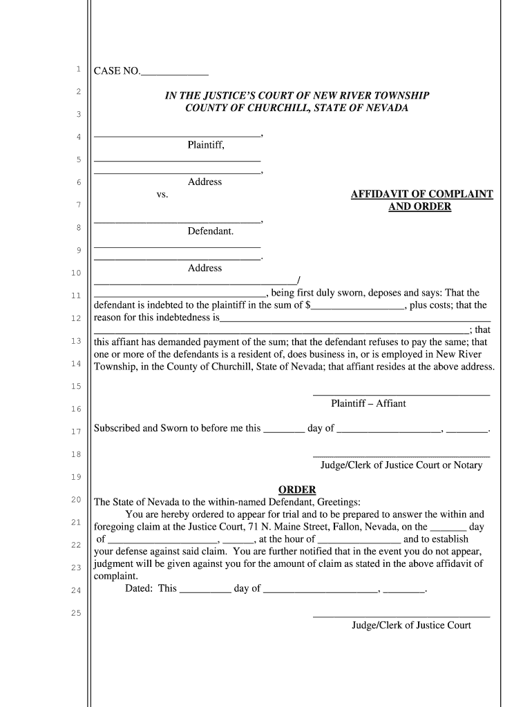 Fillable Online churchillcounty Small Claims - Affidavit of Complaint ...