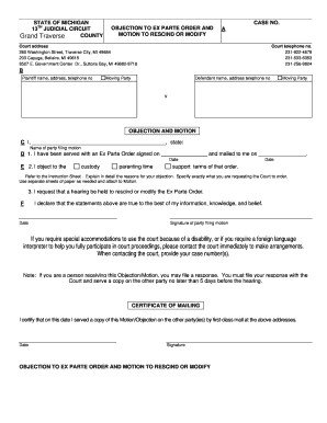 Fillable Online co grand-traverse mi Objection to Ex Parte Order and ...