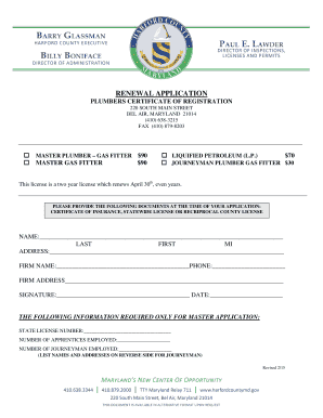 Fillable Online harfordcountymd RENEWAL APPLICATION PLUMBERS CERTIFICATE OF REGISTRATION Fax ...