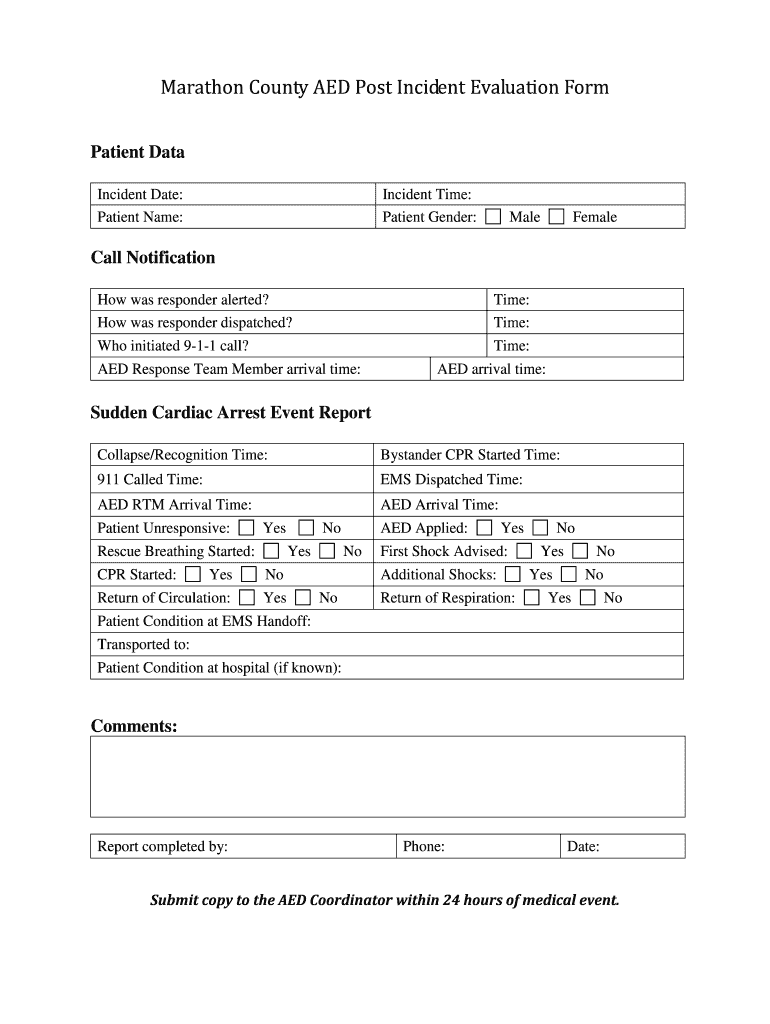 Fillable Online Marathon County AED Post Incident Evaluation Form Fax ...