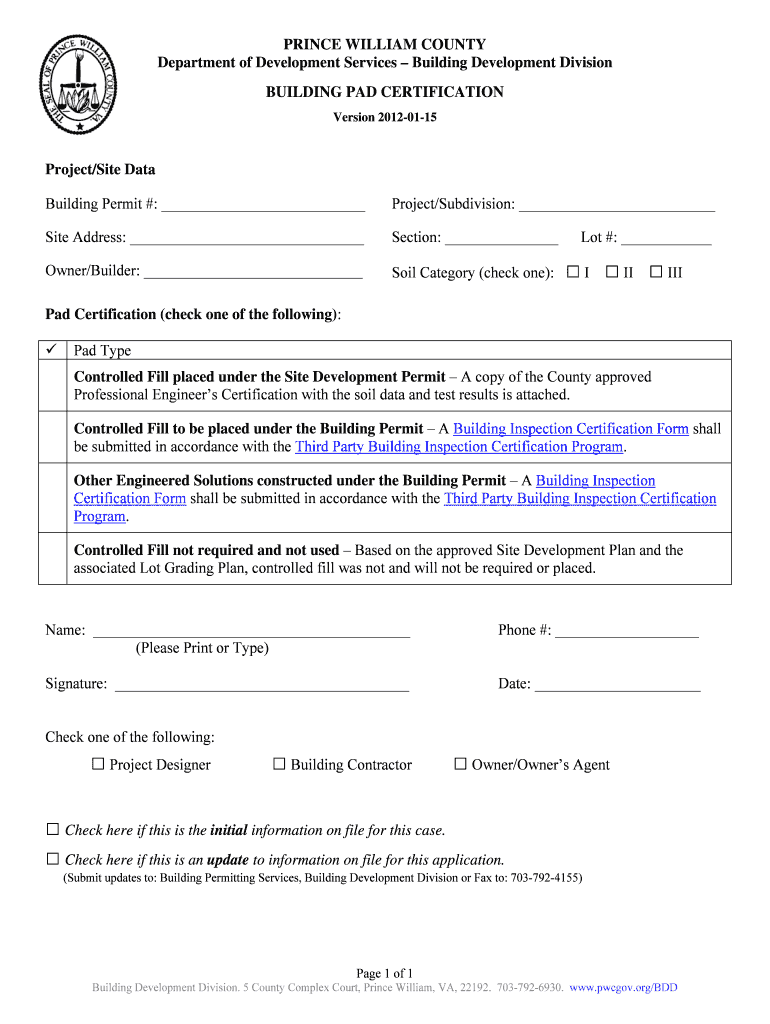 Fillable Online eservice pwcgov BUILDING PAD CERTIFICATION Fax Email ...