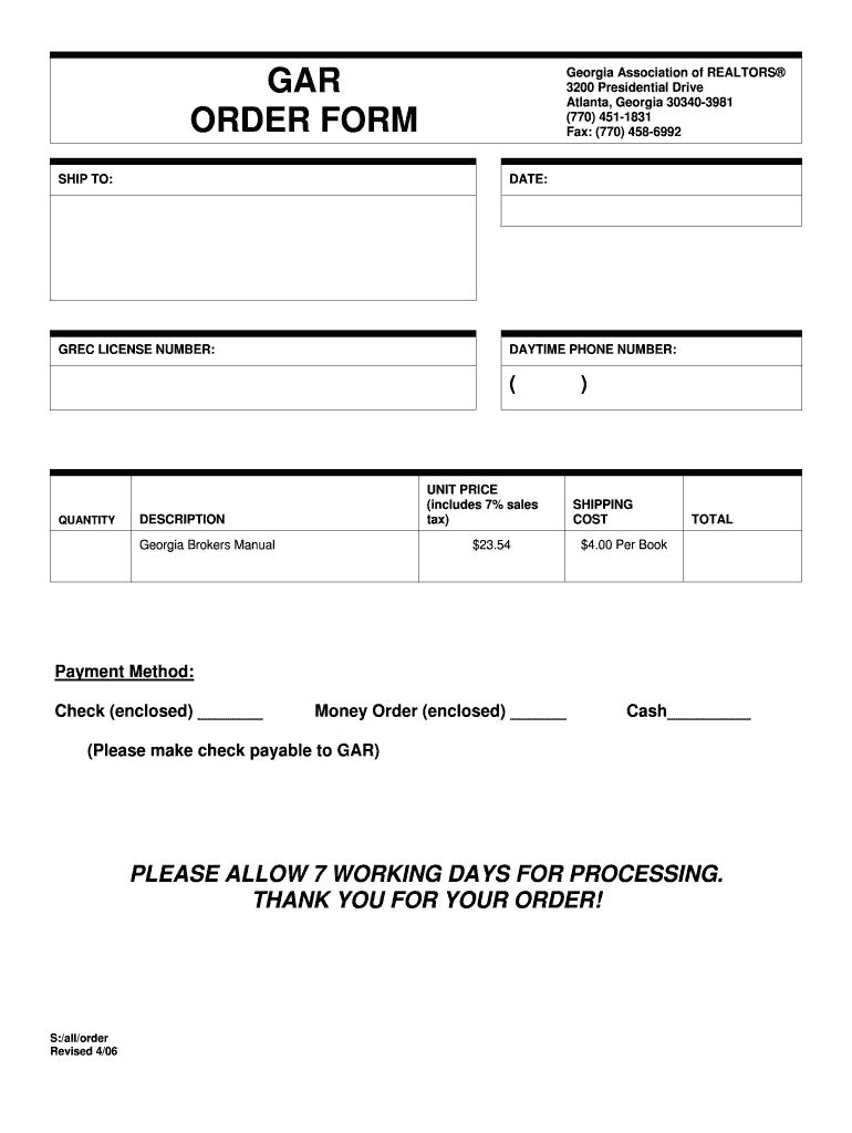 Fillable Online GAR Georgia Association of REALTORS Atlanta Georgia Fax ...