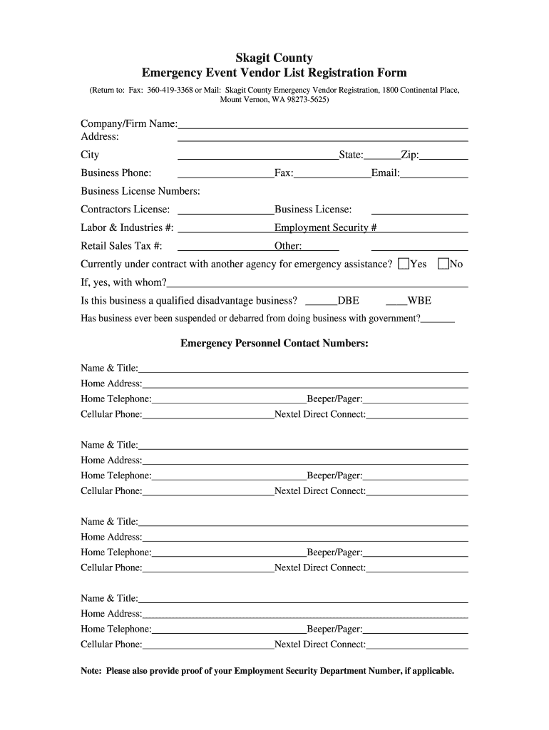 Fillable Online Skagit County Emergency Event Vendor List Registration ...