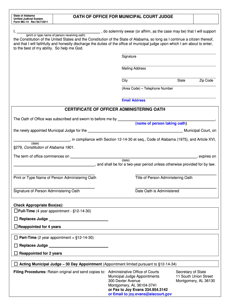 Fillable Online eforms alacourt State of Alabama OATH OF OFFICE FOR ...