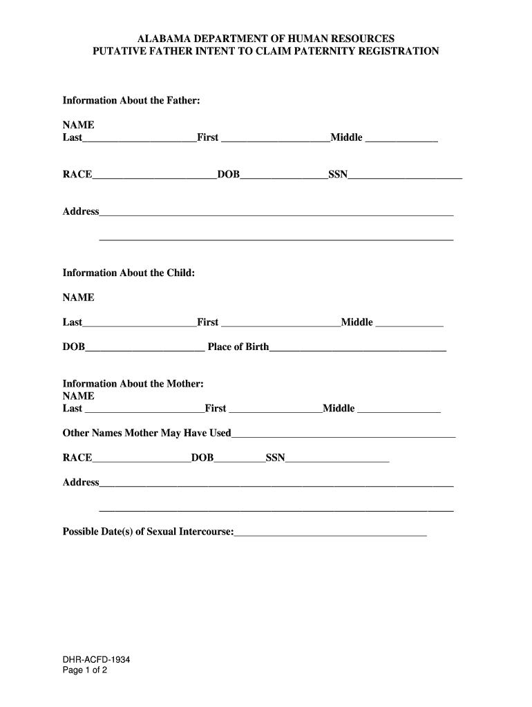 Fillable Online dhr alabama PUTATIVE FATHER INTENT TO CLAIM PATERNITY ...