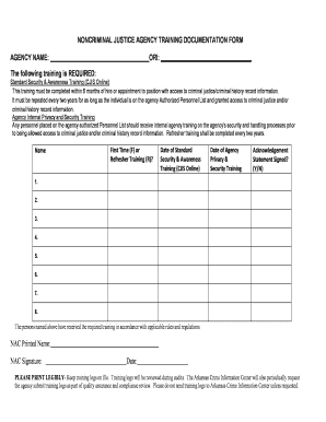 Fillable Online acic NONCRIMINAL JUSTICE AGENCY TRAINING DOCUMENTATION ...