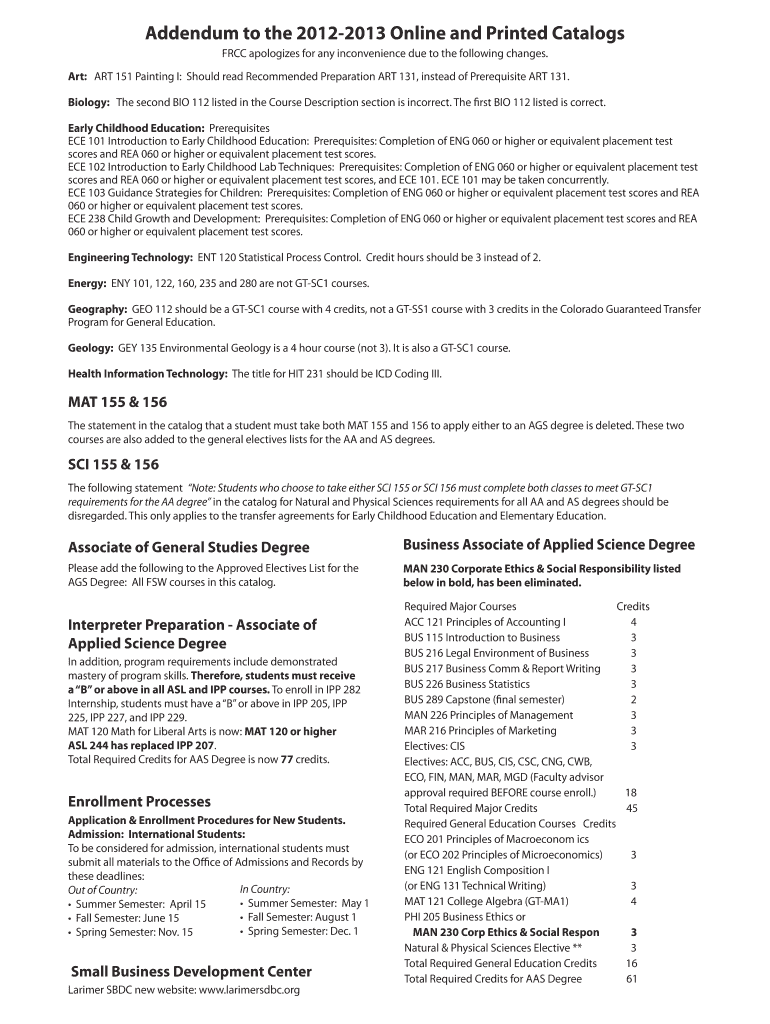 Fillable Online Addendum to the 2012-2013 Online and Printed Catalogs ...