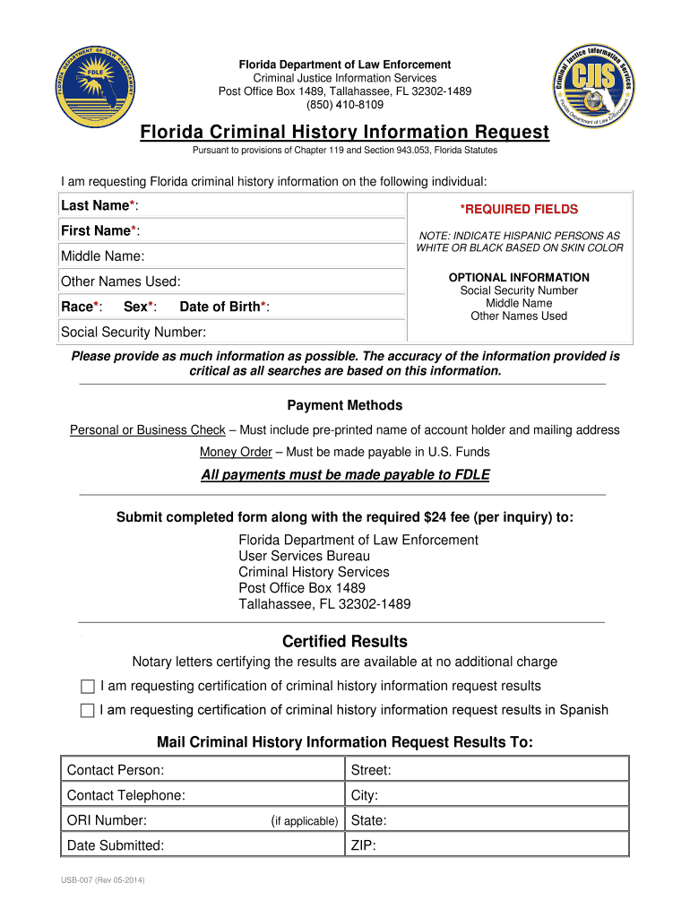 Fillable Online Florida Criminal History Information Request - Florida ...