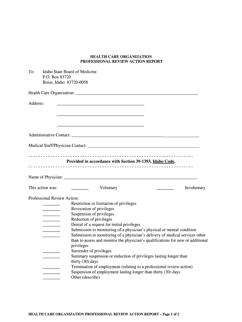 Fillable Online HEALTH CARE ORGANIZATION PROFESSIONAL REVIEW ACTION ...