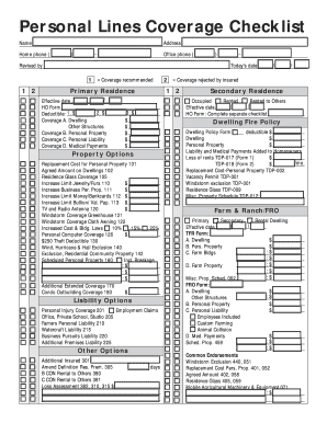 Fillable Online rms iiaba Personal Lines Coverage Checklist - Content ...