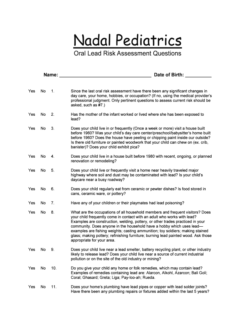 Fillable Online Oral Lead Risk Assessment Questionsdoc Fax Email Print ...
