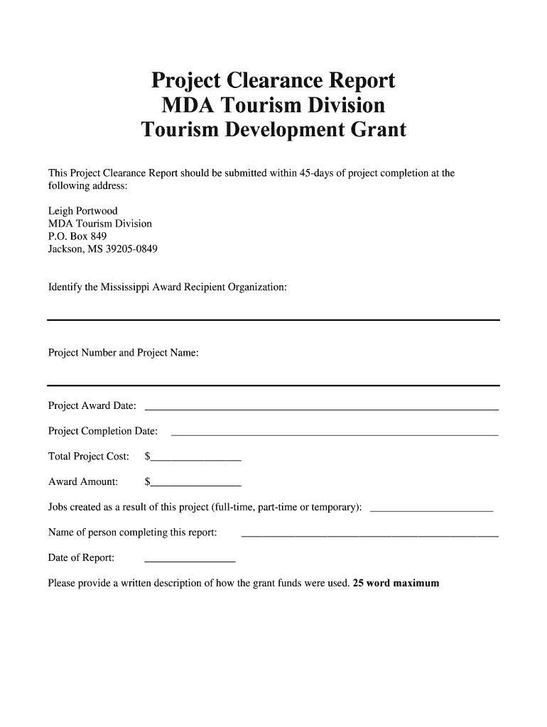 Fillable Online visitmississippi Project Clearance Report MDA Tourism Division Tourism Fax Email ...