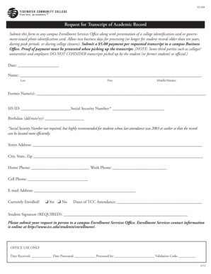 Fillable Online web tcc Request for Transcript of Academic Record ...