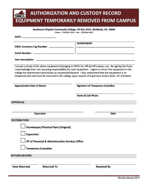Fillable Online sw AUTHORIZATION AND CUSTODY RECORD EQUIPMENT ...