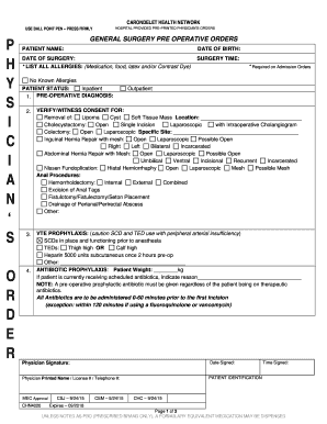 Fillable Online dr carondelet GENERAL SURGERY PRE OPERATIVE ORDERS - dr ...