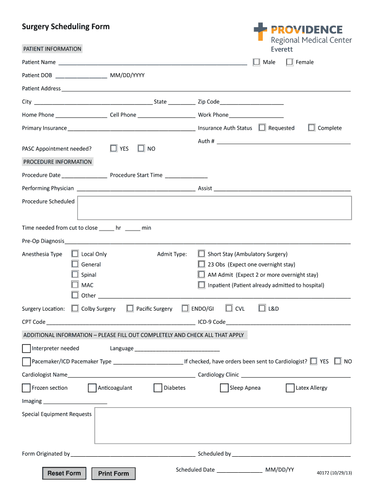 Fillable Online Surgery Scheduling Form - Providence Health Services ...