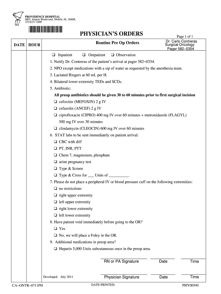 Fillable Online support providencehospital Routine Pre Op Orders Fax ...