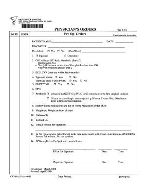 Fillable Online support providencehospital Pre Op Orders - support ...