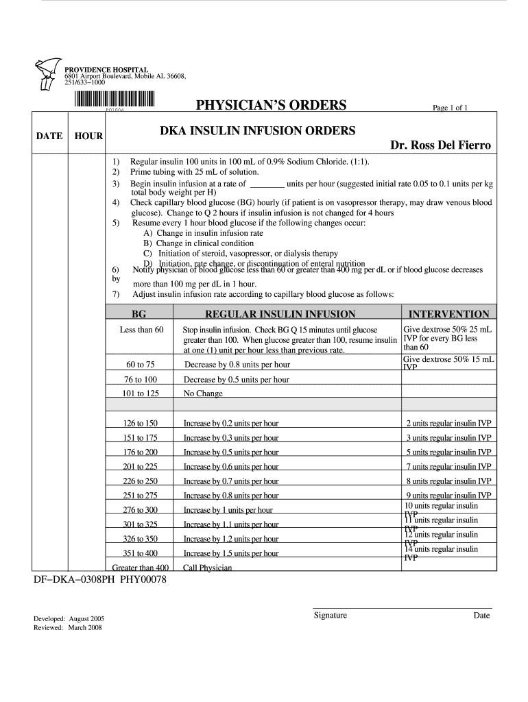 Fillable Online support providencehospital DKA INSULIN INFUSION ORDERS ...