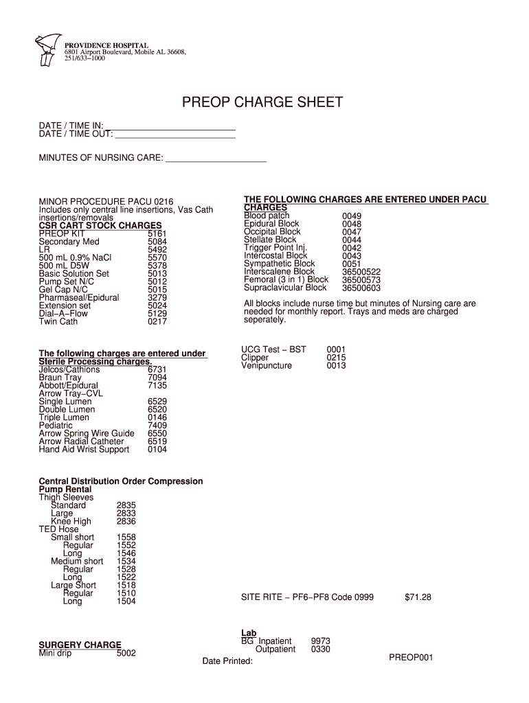 Fillable Online support providencehospital PREOP CHARGE SHEET ...