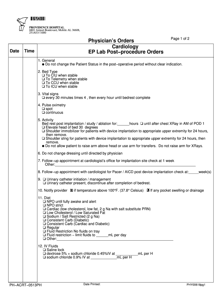 Fillable Online support providencehospital Physicians Orders Cardiology Date Time EP Lab Post ...