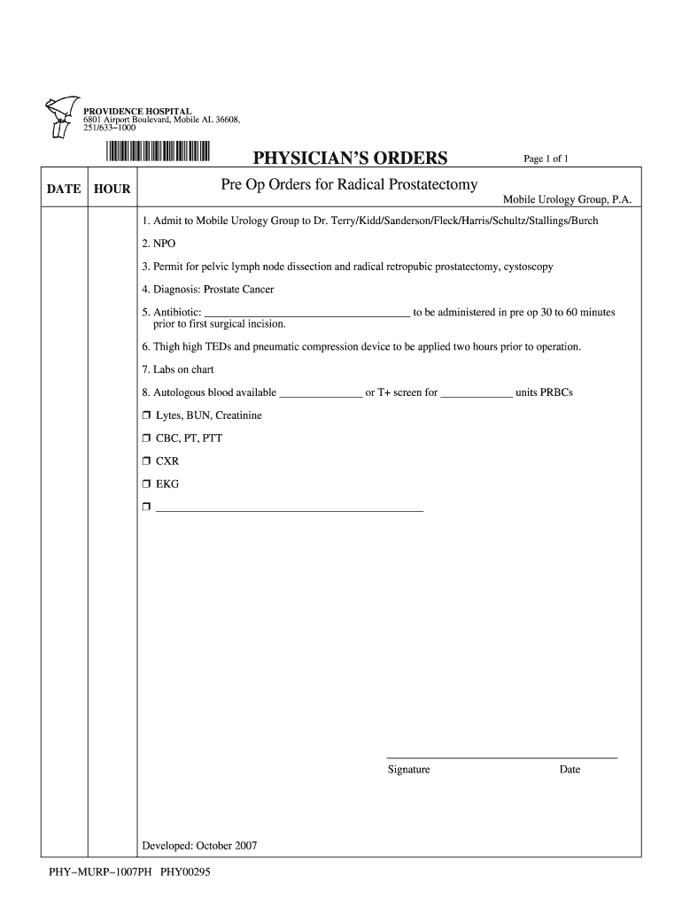 Fillable Online support providencehospital Pre Op Orders for Radical ...