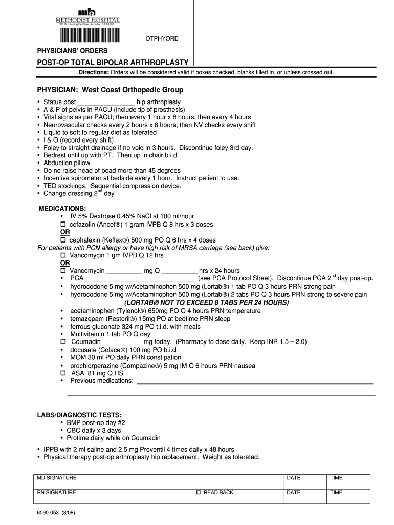 Fillable Online POSTOP TOTAL BIPOLAR ARTHROPLASTY Fax Email Print - pdfFiller