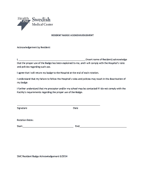 Fillable Online RESIDENT BADGE ACKNOWLEDGEMENT Acknowledgement by ...