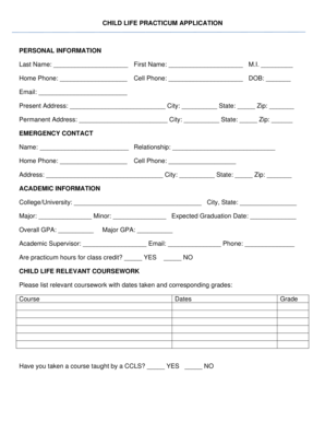 Fillable Online CHILD LIFE PRACTICUM APPLICATION - Sacred Heart ...