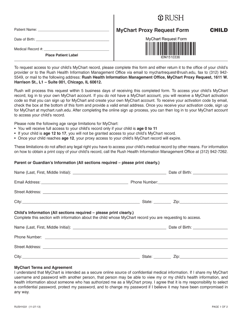 Fillable Online MyChart Proxy Request Form CHILD - Patient Portal Fax ...