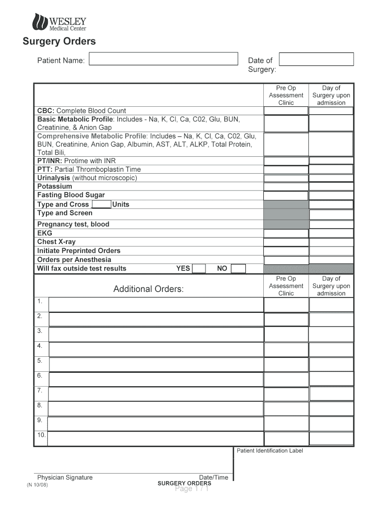 Fillable Online Surgery Orders - Wesley Medical Center Fax Email Print ...