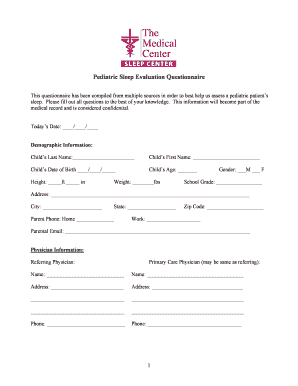 Fillable Online mcbg Pediatric Sleep Evaluation Questionnaire - mcbgorg Fax Email Print - pdfFiller