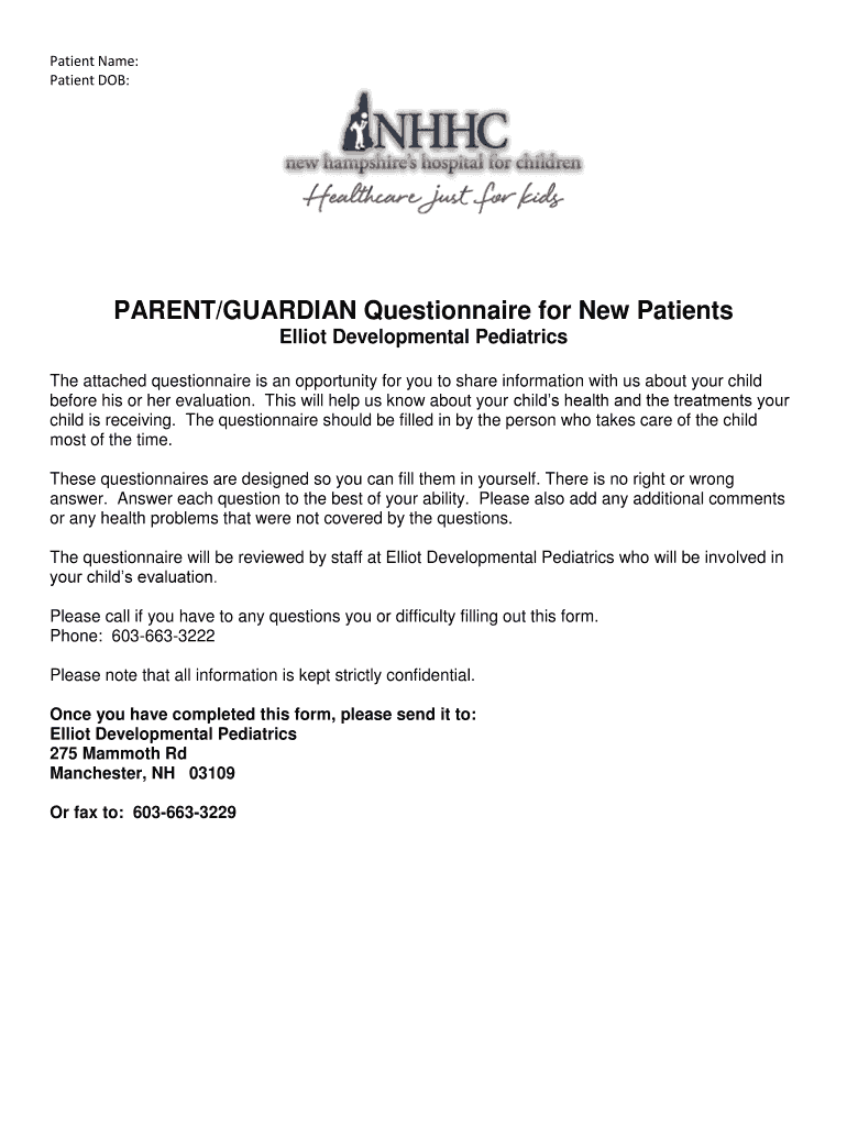 Fillable Online elliothospital PARENTGUARDIAN Questionnaire for New ...