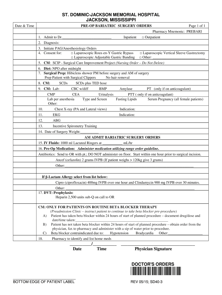 Fillable Online Pre-Op Bariatric Surgery Orders - stdomcom Fax Email Print - pdfFiller