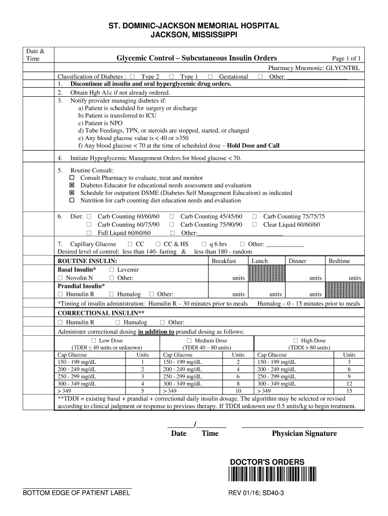 Fillable Online Glycemic Control Subcutaneous Insulin Orders Fax Email ...