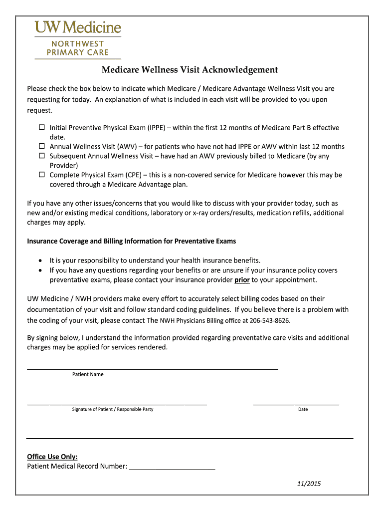 Fillable Online nwhospital Medicare Wellness Visit Acknowledgement ...