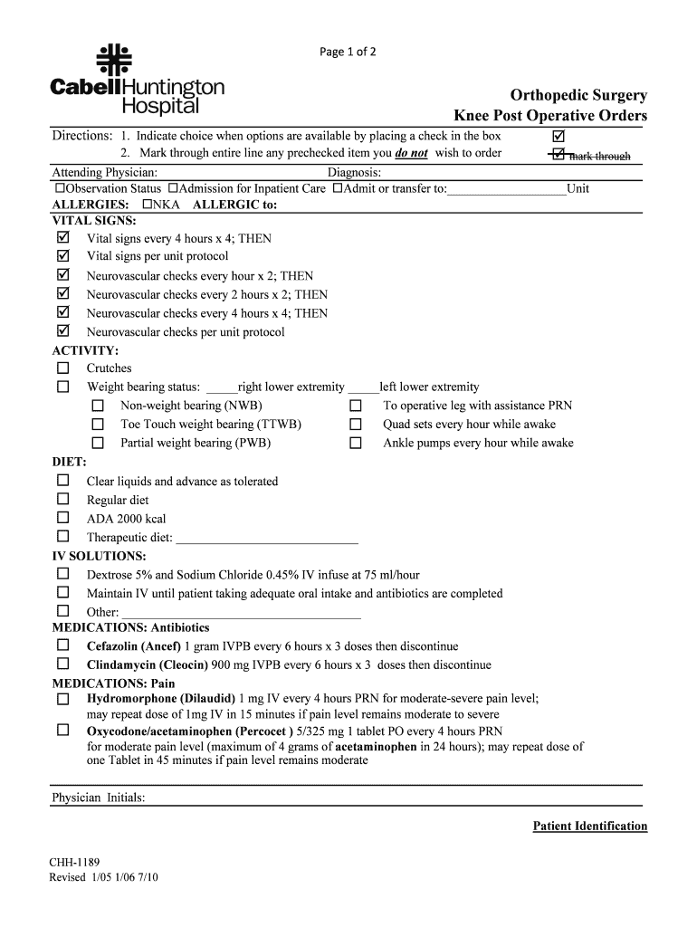 Fillable Online cabellhuntington Orthopedic Surgery Knee Post Operative ...